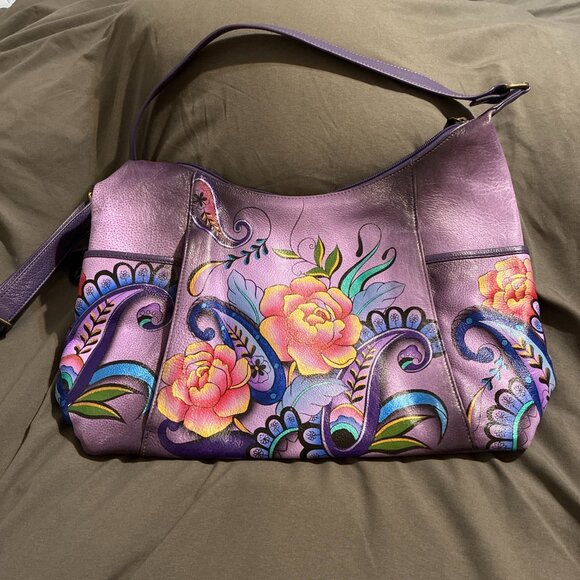 Anuschka | Bags | Anuschka Purple Hand Painted Leather Floral Peonies ...